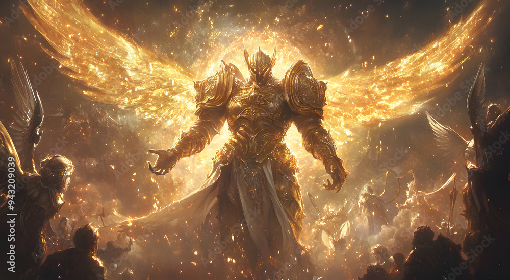 The Epic Scene Depicts the God of Battle in Ornate Armor, Surrounded by ...