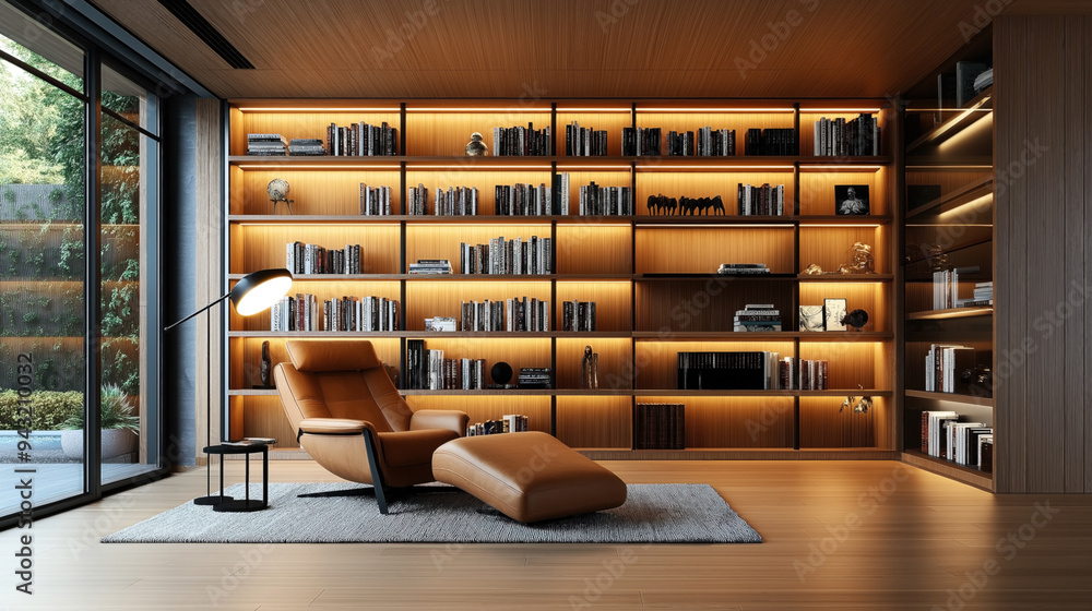 Modern reading room with a leather lounge chair and ottoman, floor lamp ...