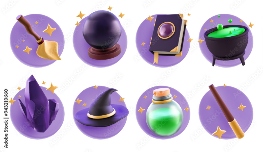 3d magic game icons. Collection of wizard elements and tools ...
