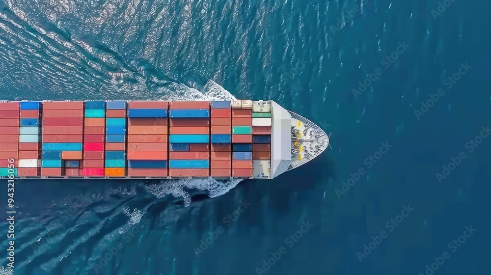This aerial view shows a cargo ship navigating through deep blue waters ...