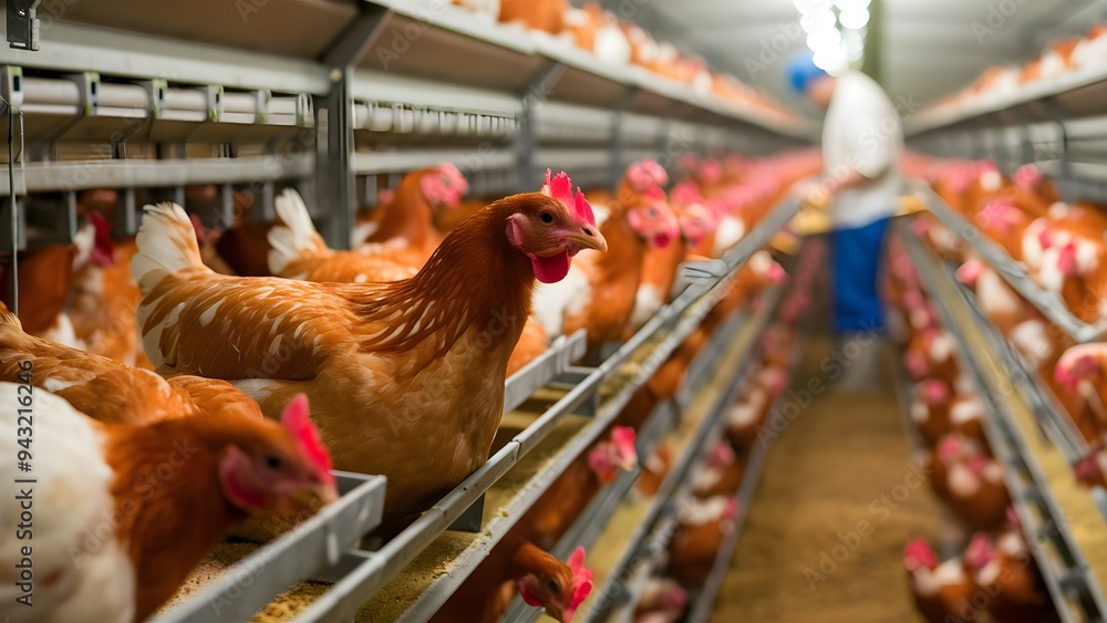 Chicken farm. Egg-laying chicken in battery cages. Commercial hens ...