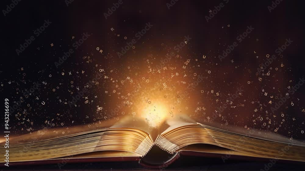 Magic book with light sparkles and shine. Fairy tale book with open ...