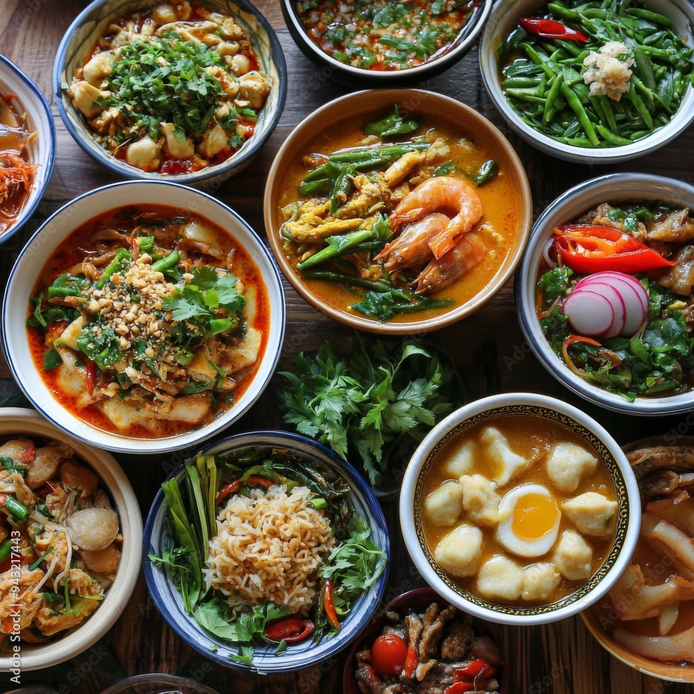 These prompts highlight popular Thai dishes with close-up details to ...