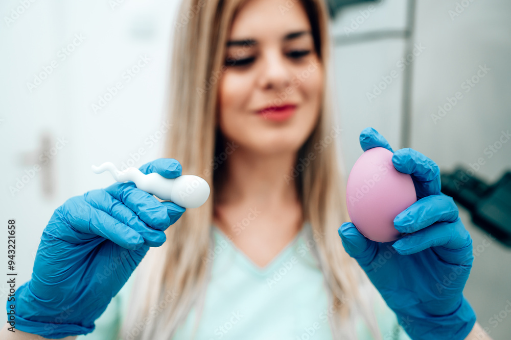 Young female reproductive gynecologist looking at camera and showing ...