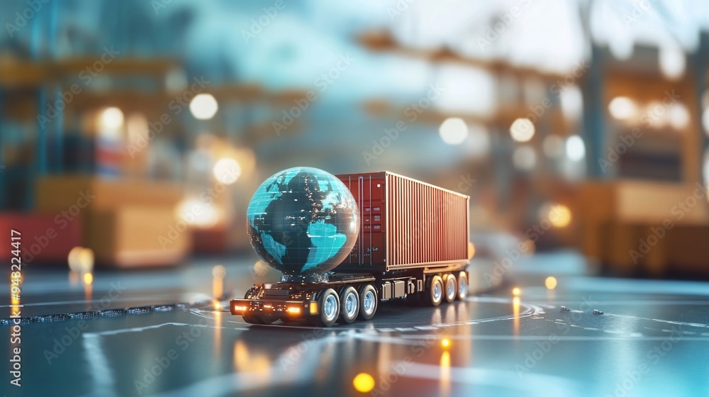 Global shipping and delivery: semi-trailer truck carrying world globe ...