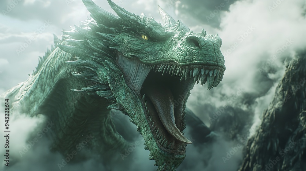 Intense kaiju like lizard monster in a violent ocean storm with thunder ...