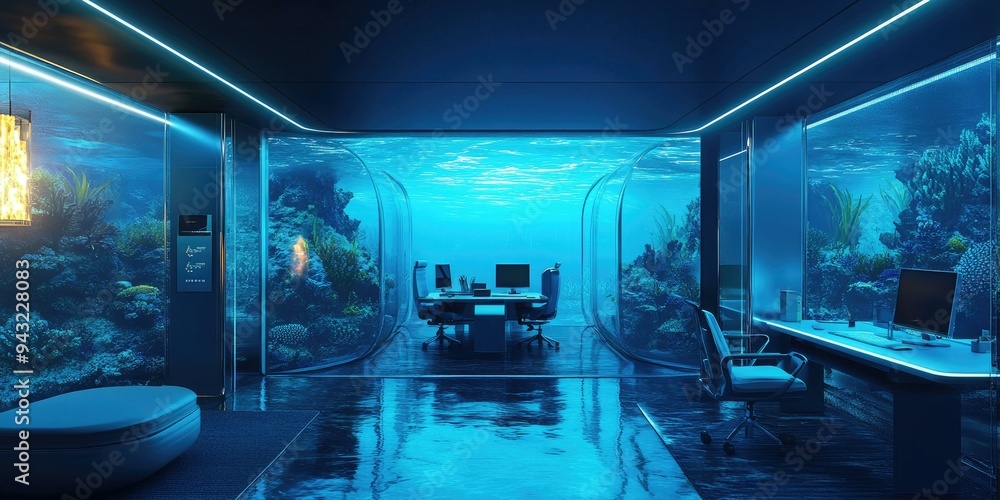 Underwater office with a view of coral reefs. Stock Illustration ...