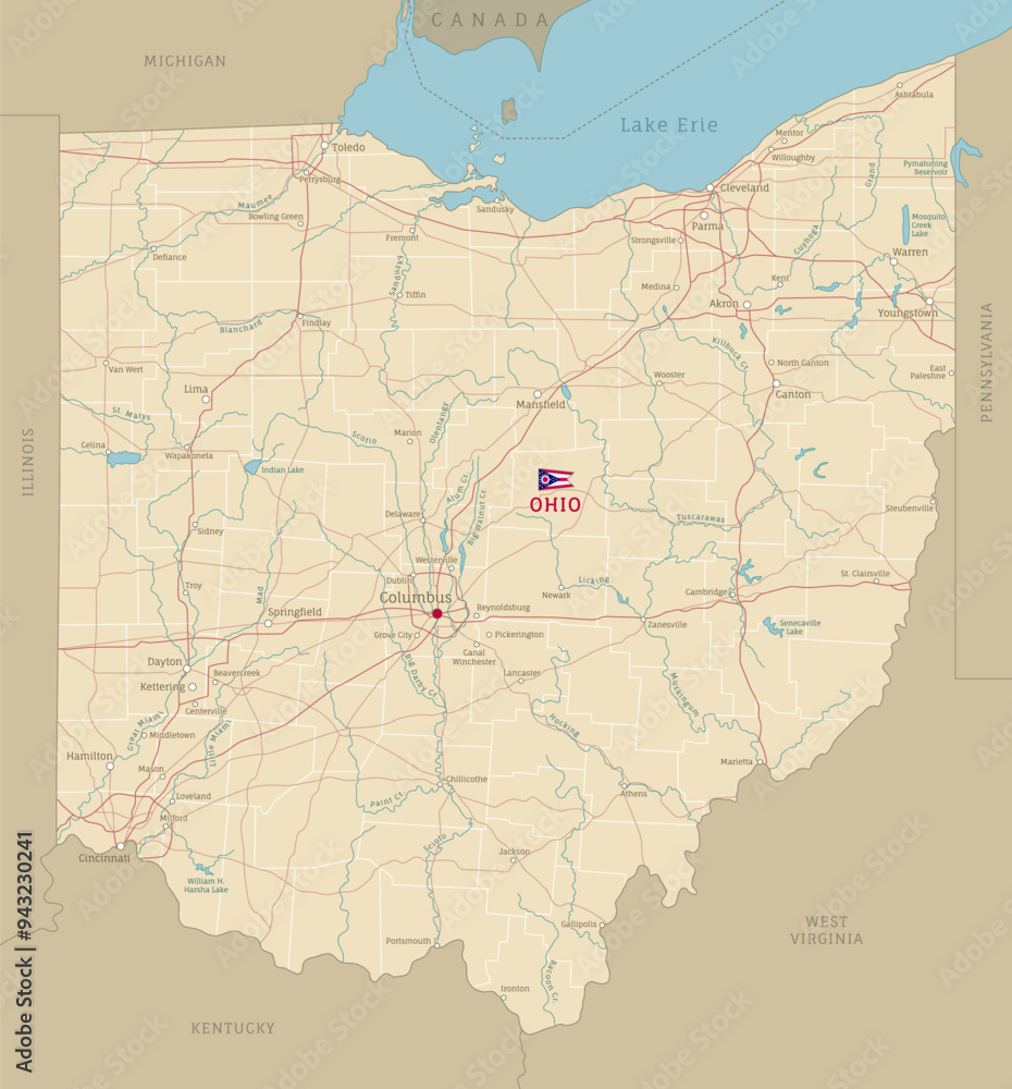 Road map of Ohio, US American federal state. Editable highly detailed ...