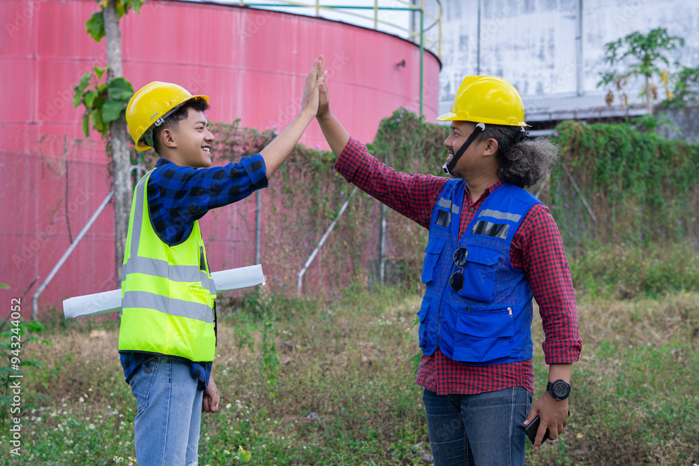 two Asian construction workers in full uniform high-five each other ...