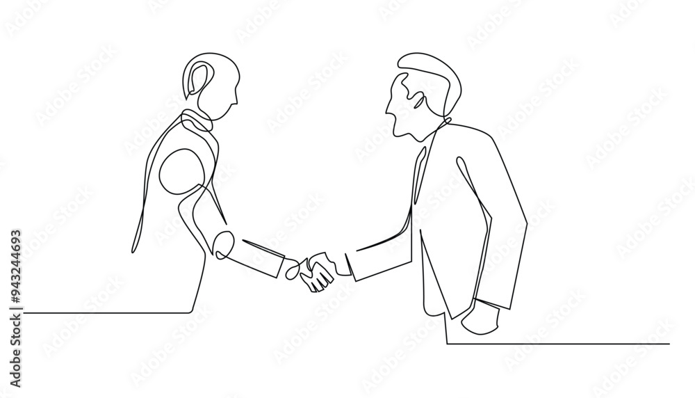 continuous line of AI robot shaking hands with business man.one line ...