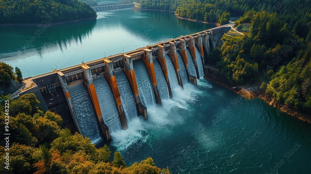 Large Hydroelectric Dam with Colorful Spillway Gates. Substantial ...