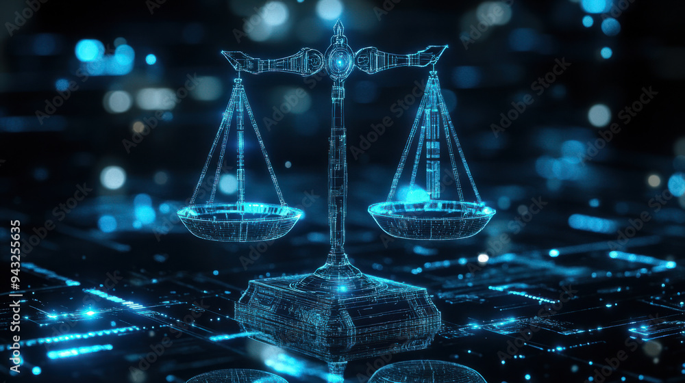 AI Legal Tech, Futuristic digital scales used in law, featuring AI ...