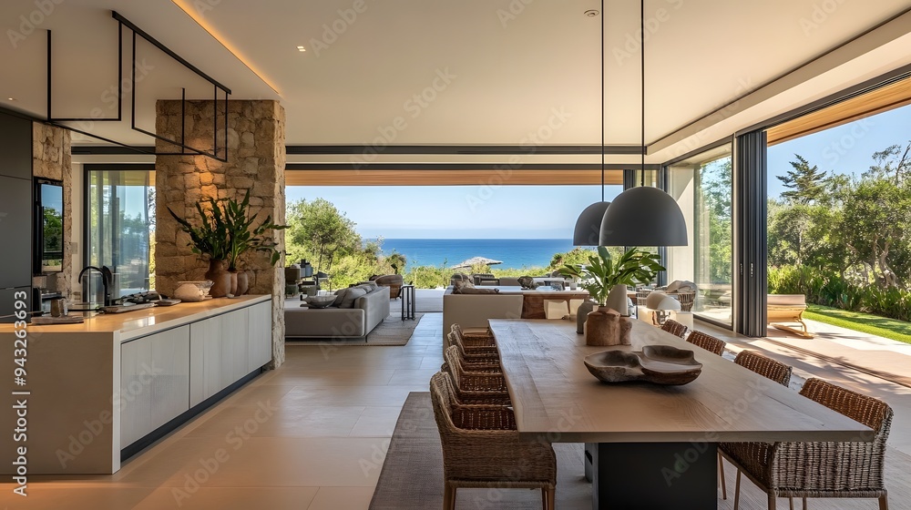 kitchen diner with beach coast view. A modern open-concept living space ...