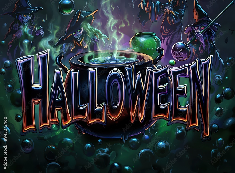 Cauldron bubble letters for "HALLOWEEN" with witches and eerie green ...