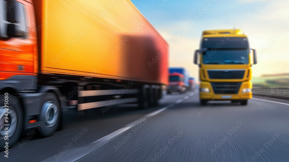 Freight trucks on the highway, focus on cargo transport, dynamic and ...