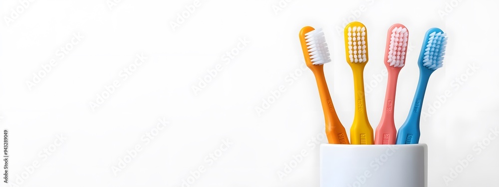 A collection of toothbrushes in various colors and shapes is depicted ...