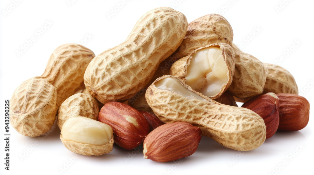 Group of Peanuts, A collection of peanuts, with one nut split open to ...