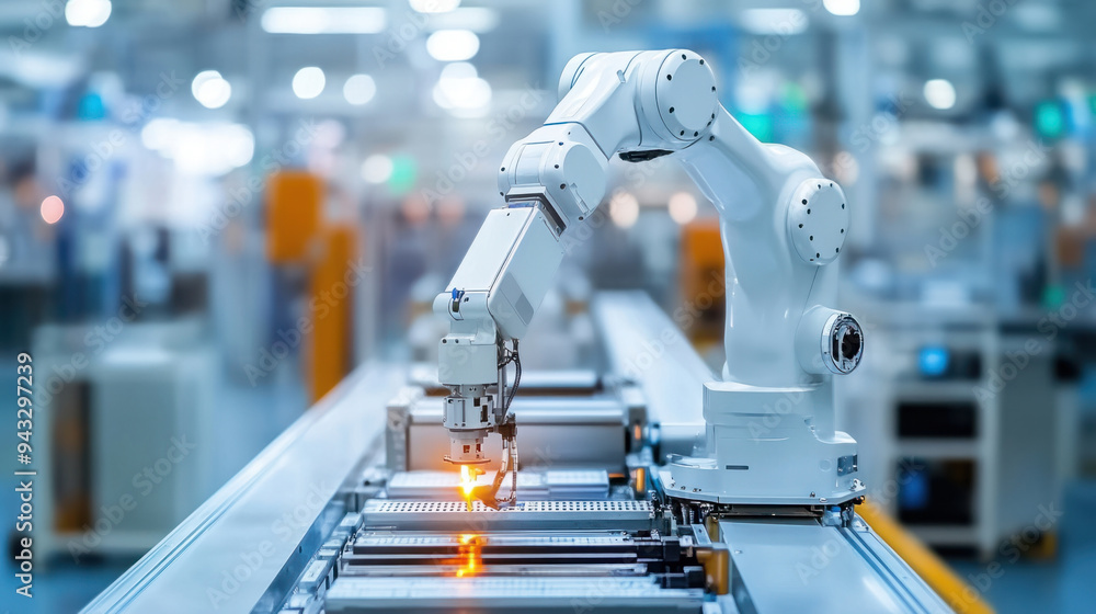 Robotic Arm, A high-tech robotic arm operates in a modern factory ...