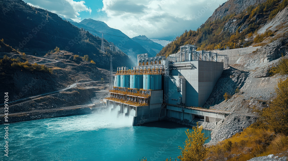 Hydropower Plant, A hydropower plant located in a rugged mountain gorge ...