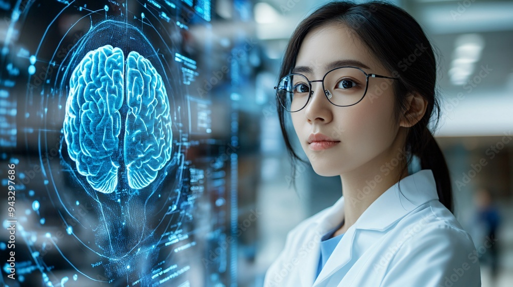 Neurologist examining a 3D holographic brain scan to identify and diagnose neurological ...