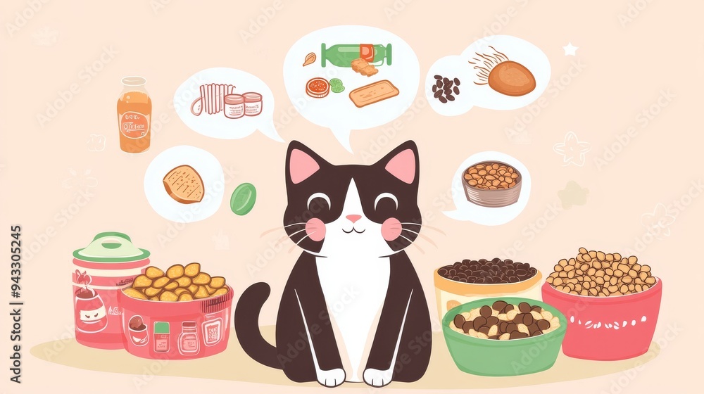 pink Background. Happy cartoon cat sitting contentedly in front of a ...