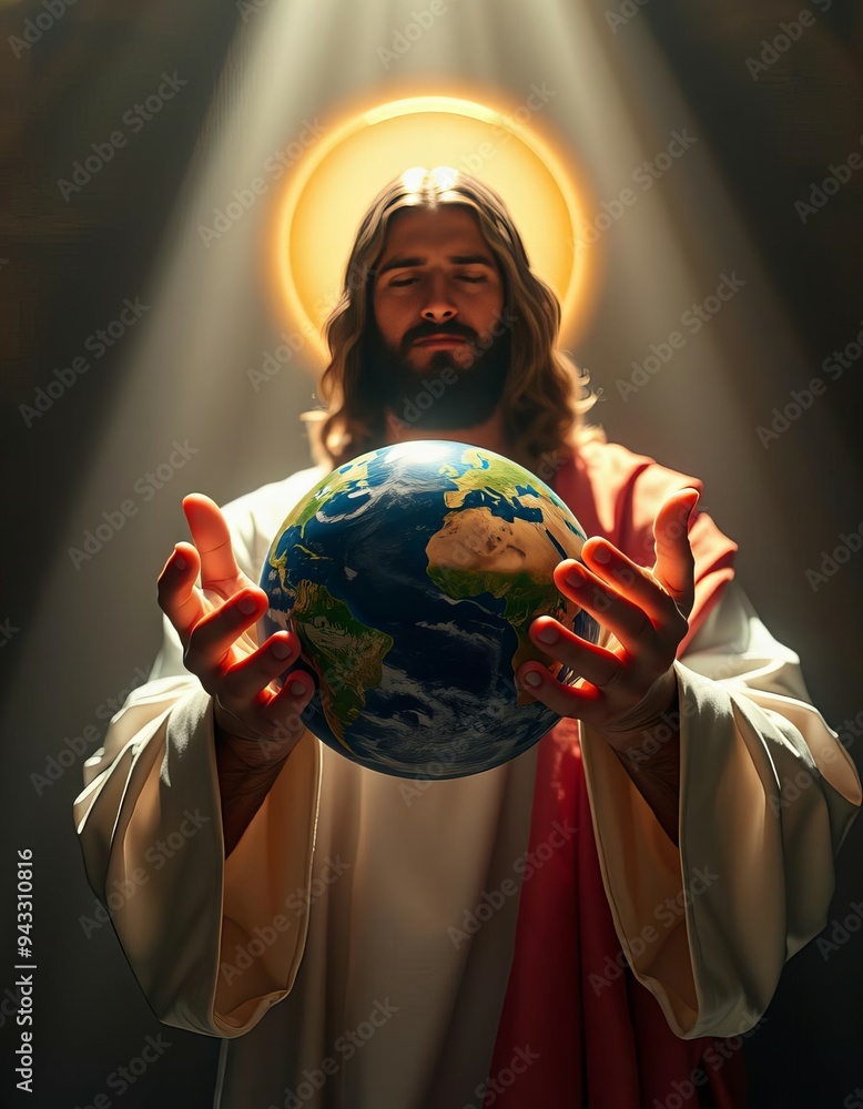 Jesus Holding Earth in Hands with Compassion and Love, Spiritual and ...