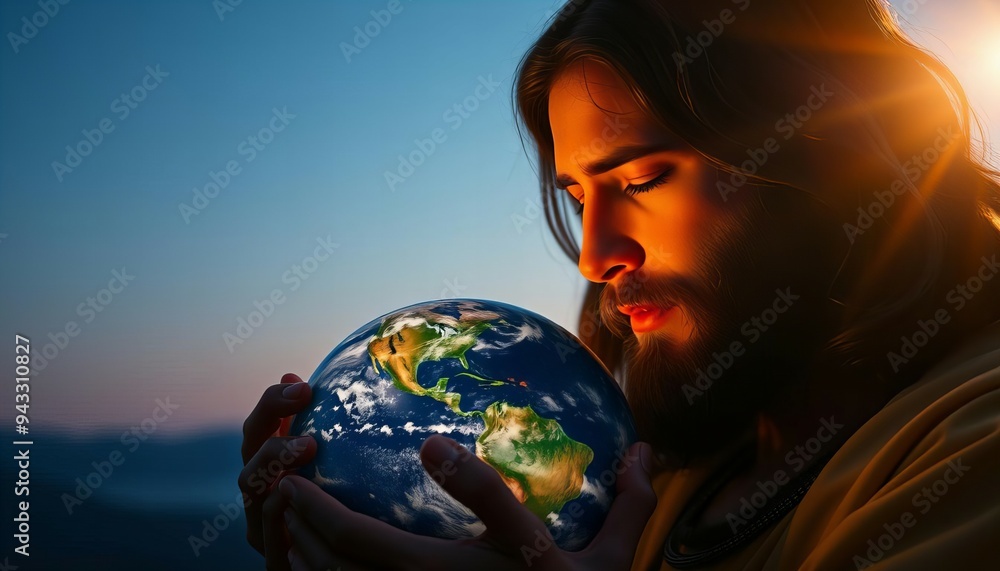 Jesus Holding Earth in Hands with Compassion and Love, Spiritual and ...