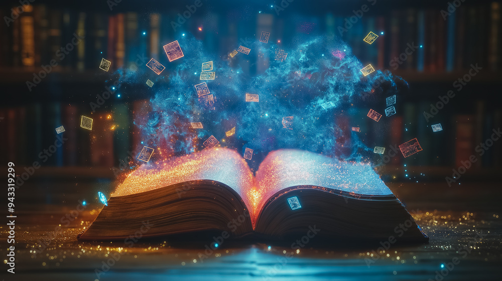 Open book with flying letters and symbols, representing knowledge and ...