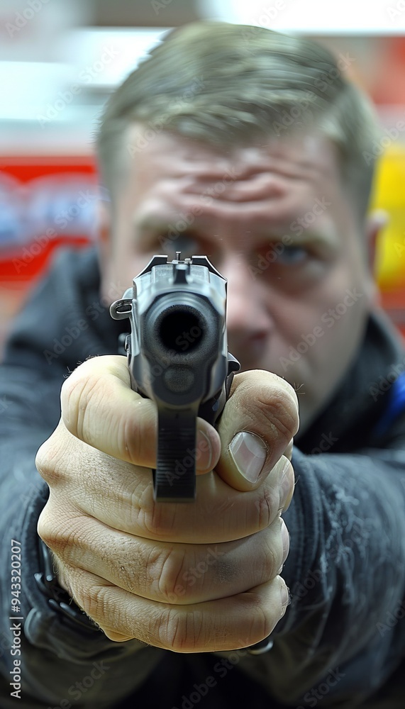 Dangerous situation. Portrait of a serious man pointing a gun at camera ...