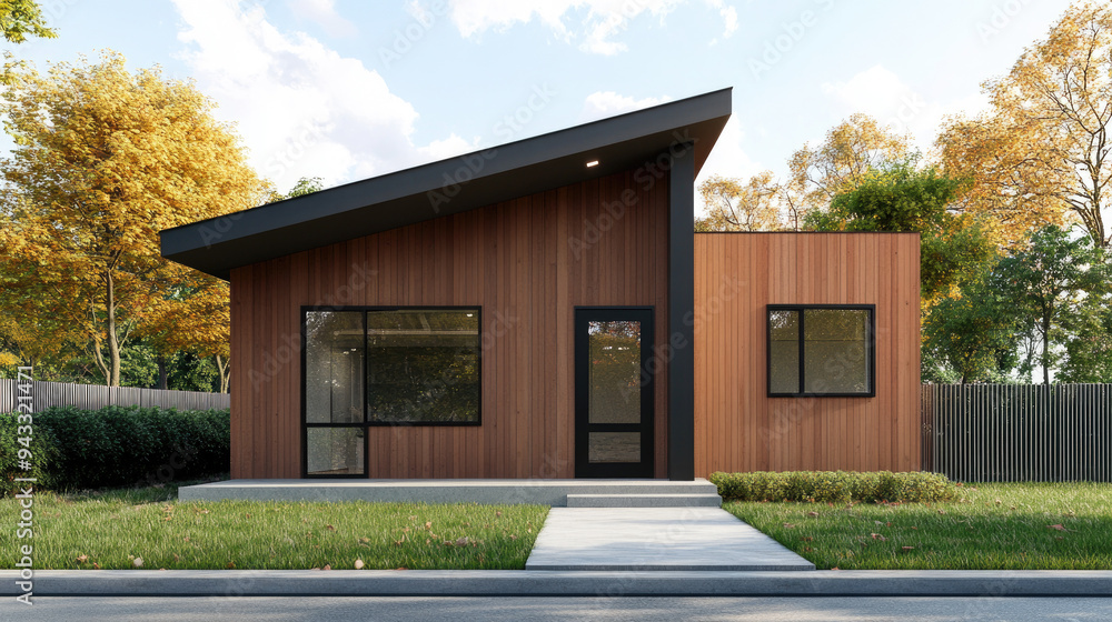 A small, modern, one-story house design with a gable roof, front door ...
