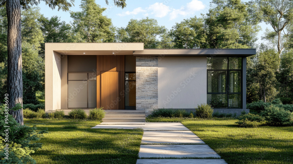 A small, modern, one-story house design with a gable roof, front door ...