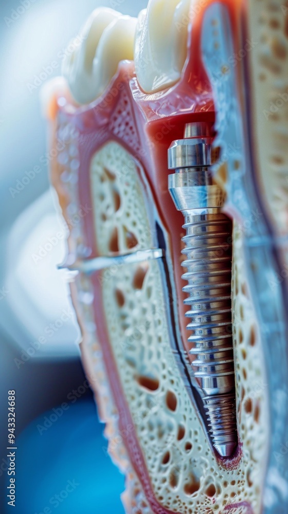 Visual section of a dental implant in the mandible showing a metal ...
