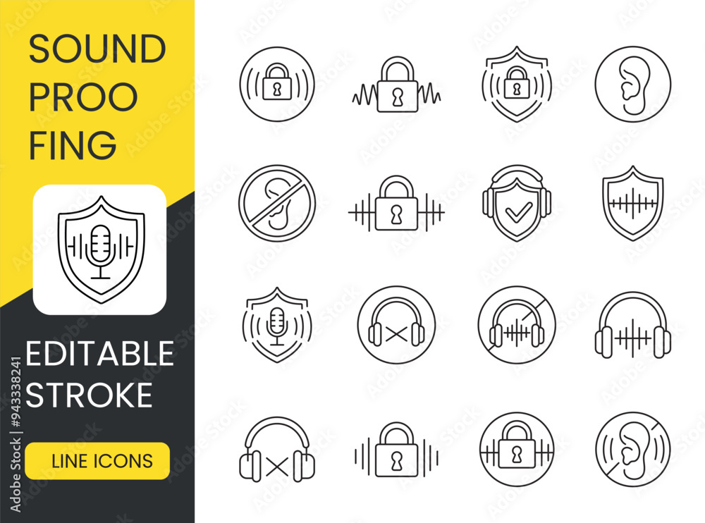 Soundproofing and noise reduction line icons set vector with editable ... Soundproofing and noise reduction line icons set vector with editable ...