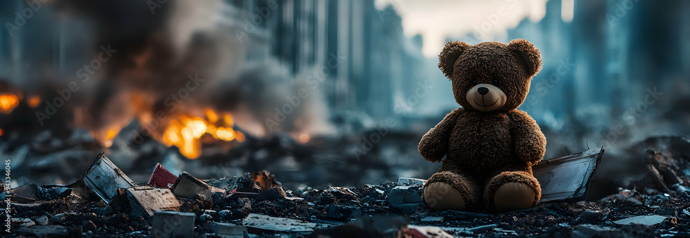 kids teddy bear toy over city burned destruction of an aftermath war ...