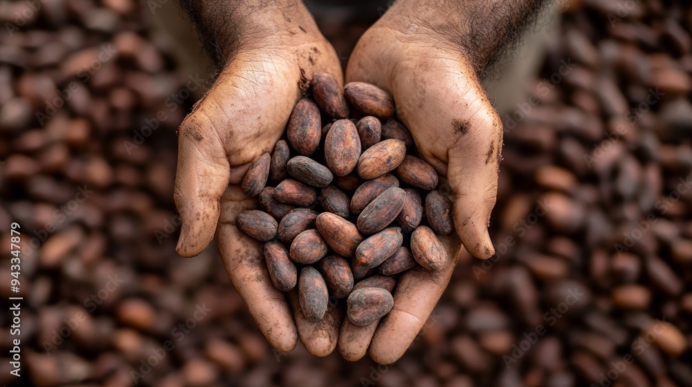 Dried cocoa beans collected on the palm against the background of dry ...