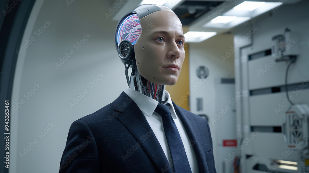 A cinematic photo of a robot with a nervous system made of AI. The ...