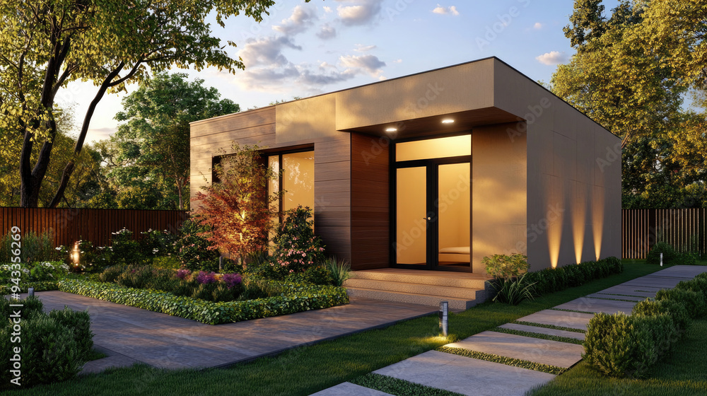A small, modern, one-story house design with a gable roof, front door ...