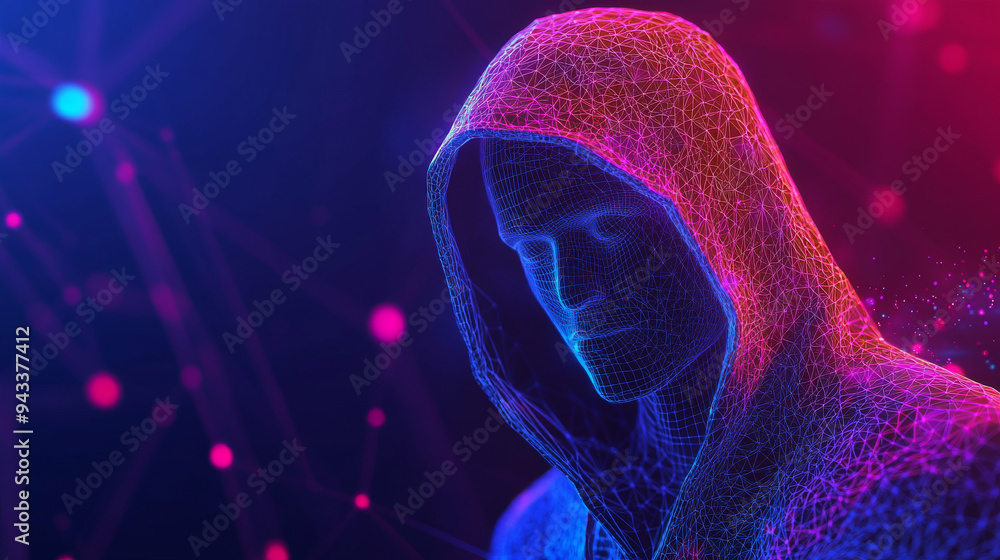 Abstract digital hacker concept. Features a hooded figure with a ...