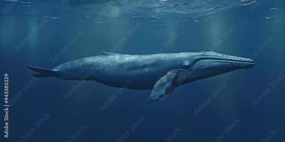 The picture of the blue whale is swimming in the ocean with the bright ...