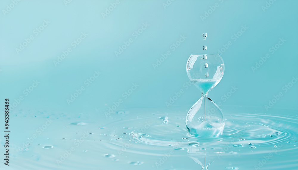 Time as water, a concept. Water with a drip dripping in a glass clock ...
