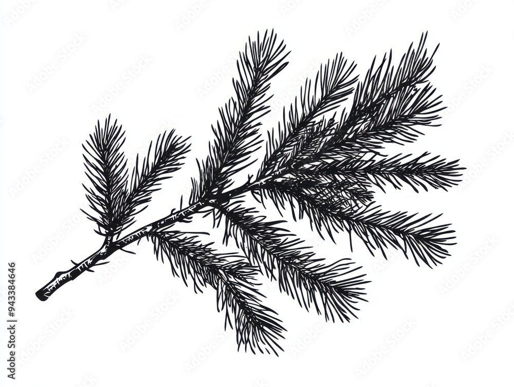 Black and white Vintage engraved art of a fir tree branch, isolated on ...