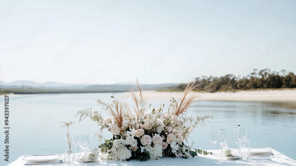 Elegant outdoor waterfront dining white floral centerpiece calm river ...