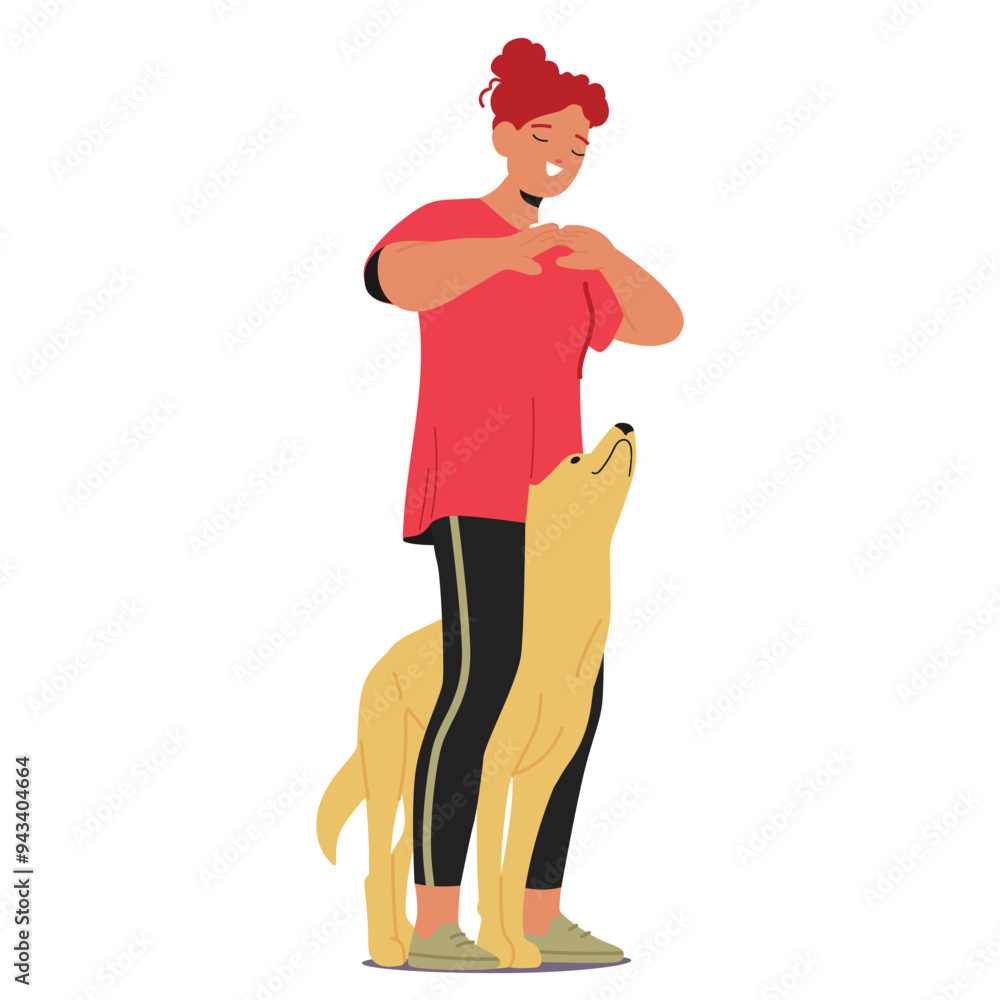 Woman Training Her Dog Using Hand Signals. The Dog Attentively Watches ...