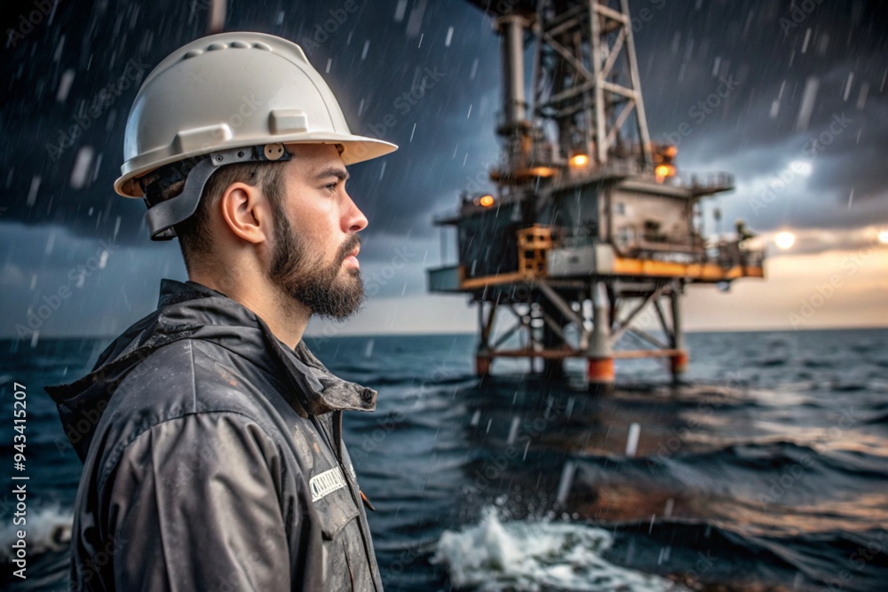 Oil production. An oil well and a man in work clothes and a ...