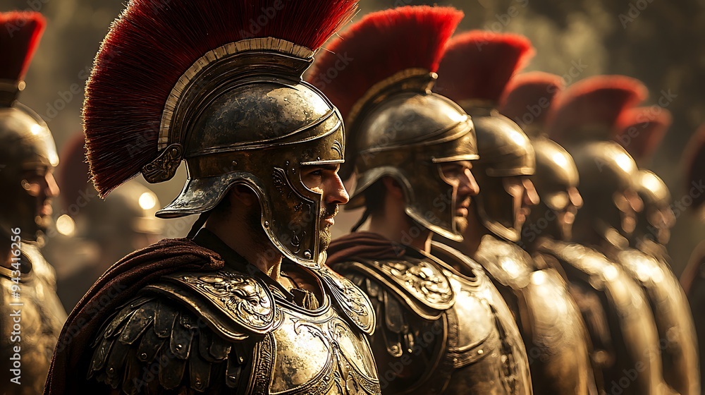 Roman legionary soldiers march in formation, their helmets and armor ...