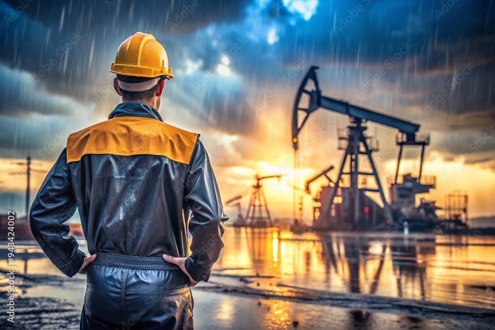 Oil production. An oil well and a man in work clothes and a ...