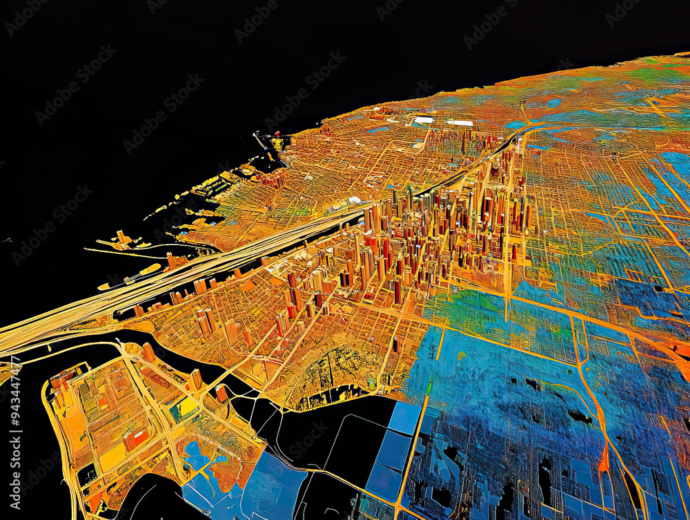Technical aerial visual, 3D LiDAR GIS aerial map satellite scan model ...