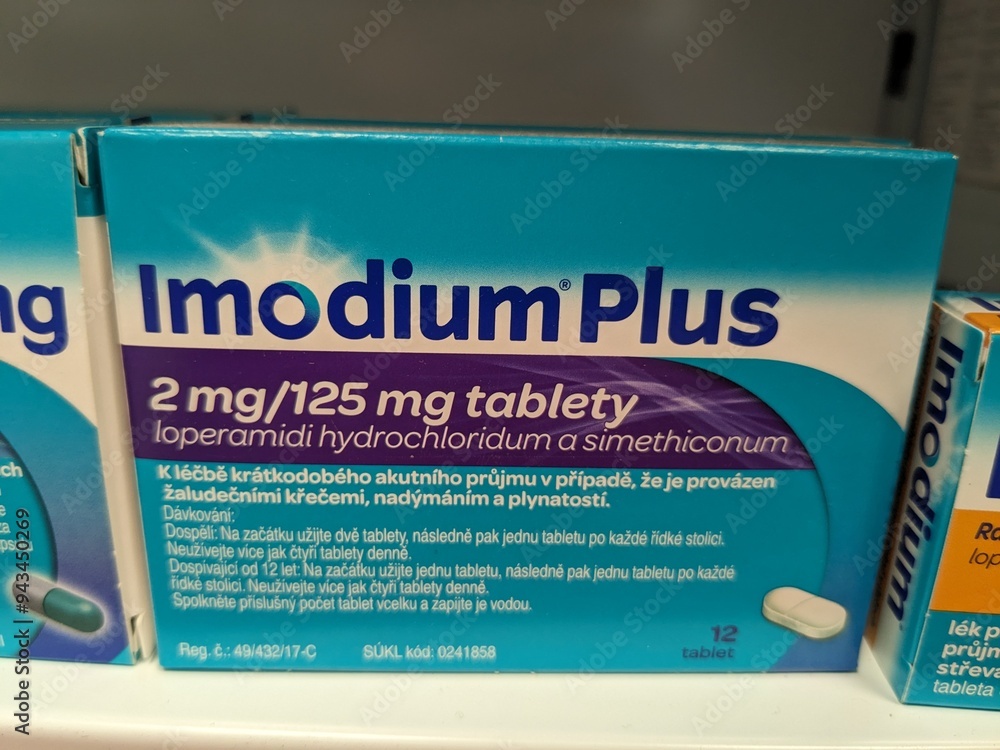 Prague, Czech Republic - August 28 2024: IMODIUM PLUS box with ...