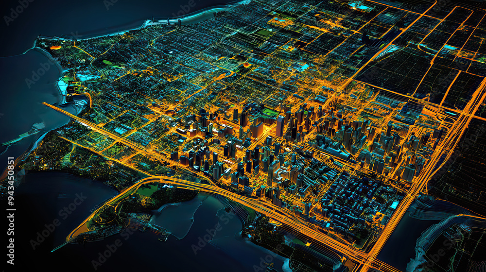 Technical aerial visual, 3D LiDAR GIS aerial map satellite scan model ...