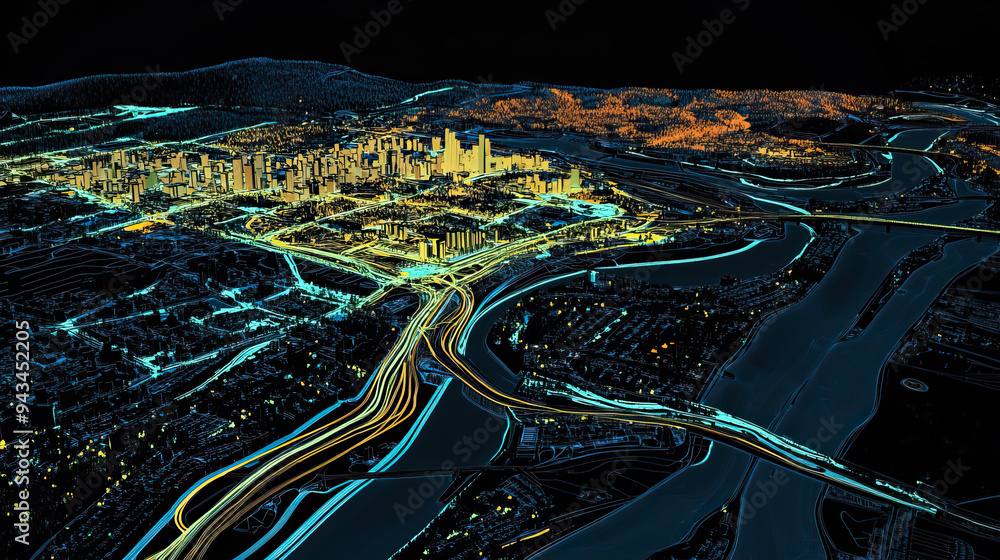 Technical aerial visual, 3D LiDAR GIS aerial map satellite scan model ...
